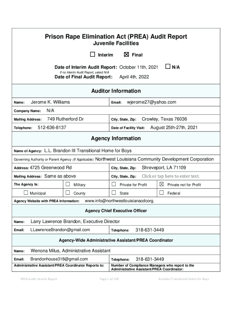 Fillable Online ojj la Prison Rape Elimination Act (PREA) Audit ...