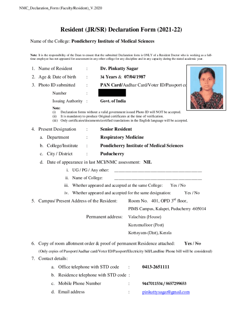 Fillable Online Resident (JR/SR) Declaration Form (2021-22) Fax Email ...
