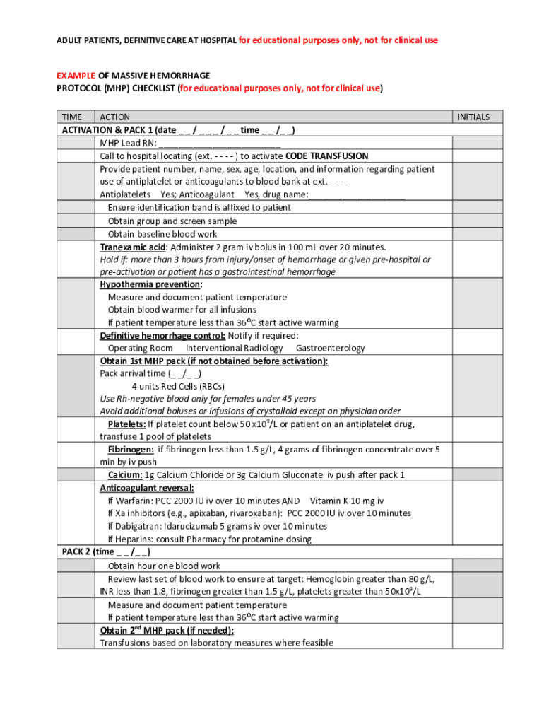 Fillable Online MASSIVE HEMORRHAGE PROTOCOL (MHP) CHECKLIST-ADULT-for ...