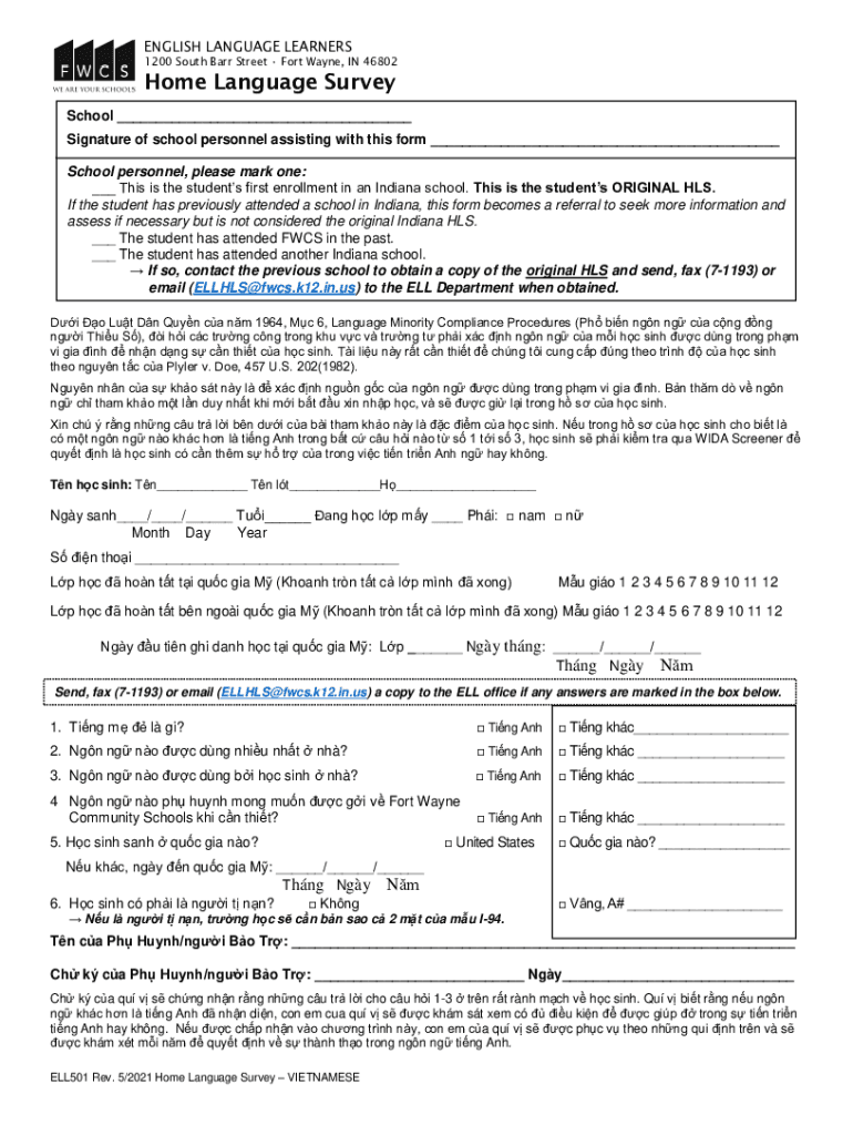 Fillable Online Home Language Survey - Fort Wayne Community Schools Fax ...