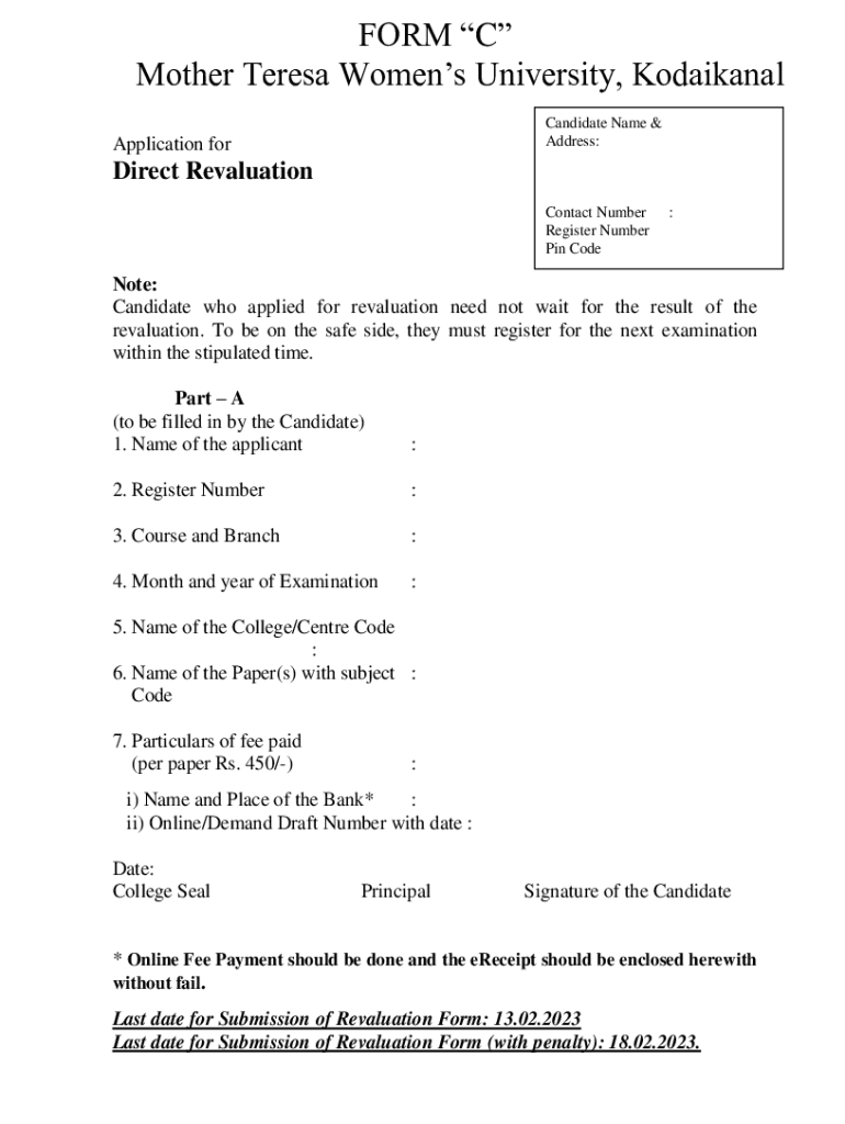 Fillable Online Fillable Online Revaluation Form - Mother Teresa Women ...