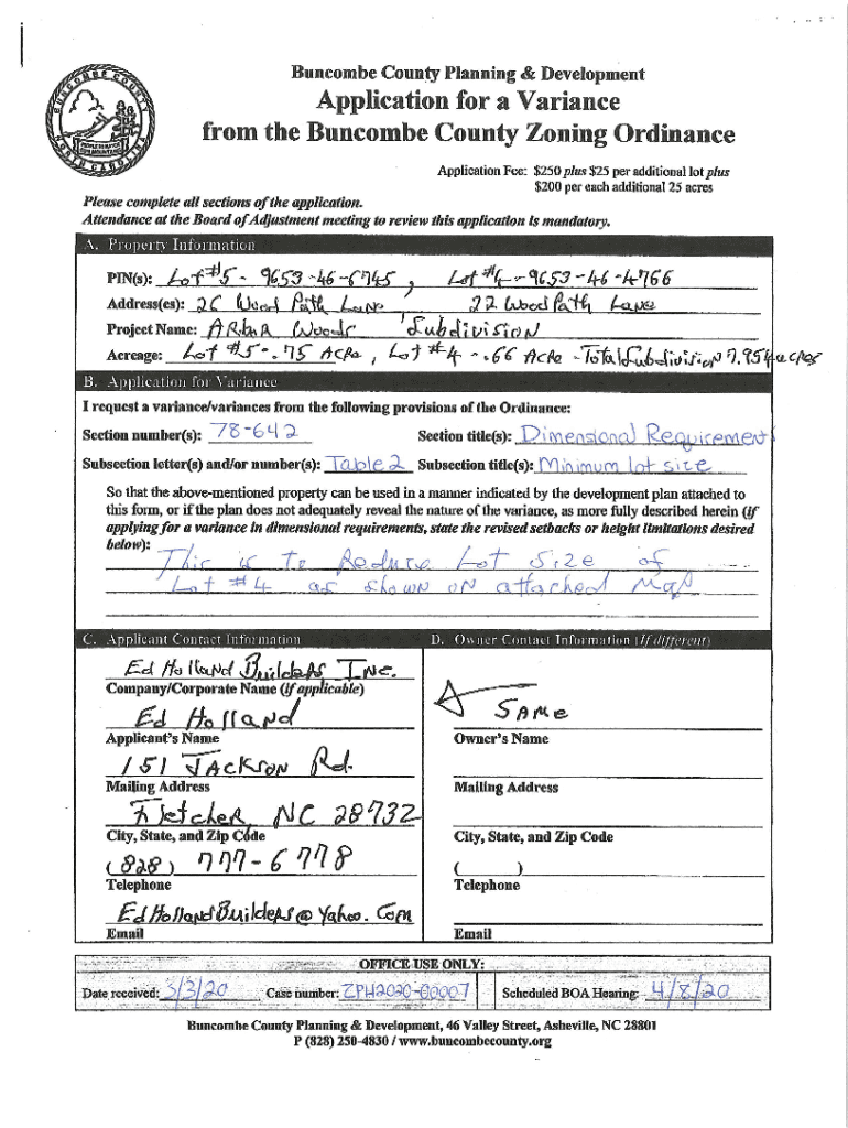 Fillable Online Application for a Variance - Buncombe County Government ...