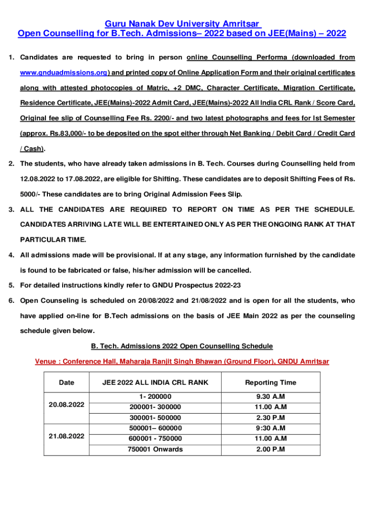 Fillable Online GNDU Amritsar Admission: Eligibility, Dates ...