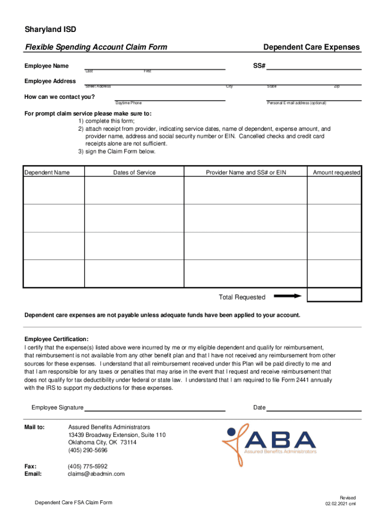 Fillable Online Sharyland ISD Flexible Spending Account Claim Form ...