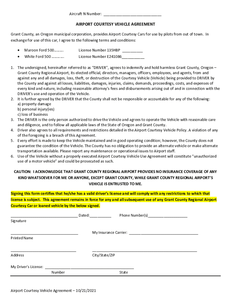 Fillable Online AIRPORT COURTESY VEHICLE AGREEMENT Fax Email Print ...
