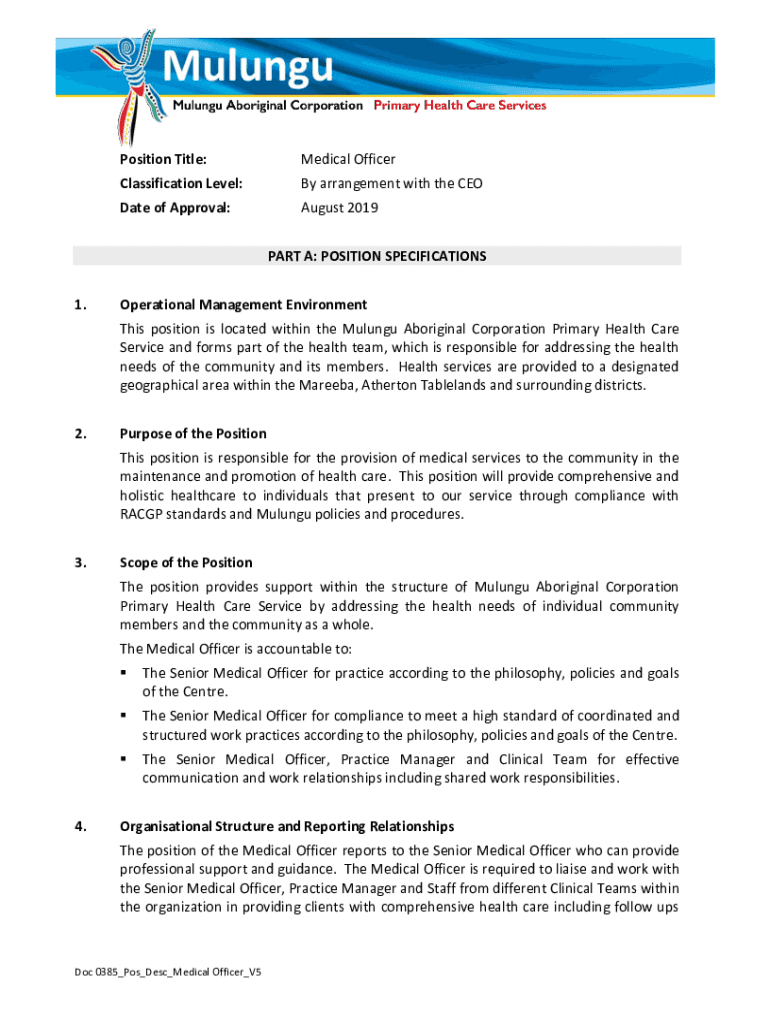 Fillable Online Position Title: Medical Officer Classification Level: By ... Fax Email Print ...