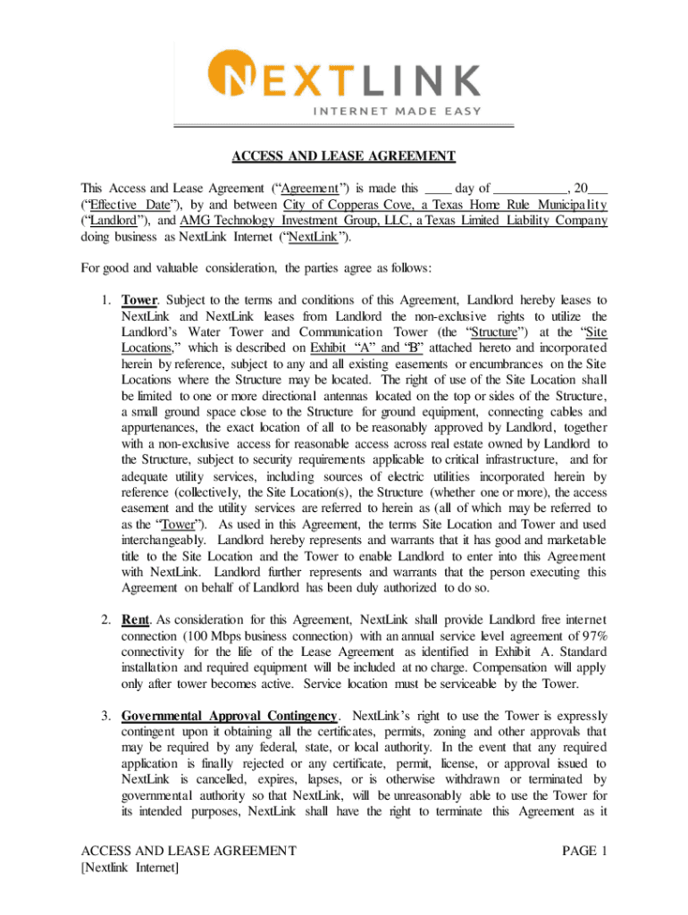 Fillable Online ACCESS AND LEASE AGREEMENT PAGE 1 Nextlink Internet ... Fax Email Print - pdfFiller