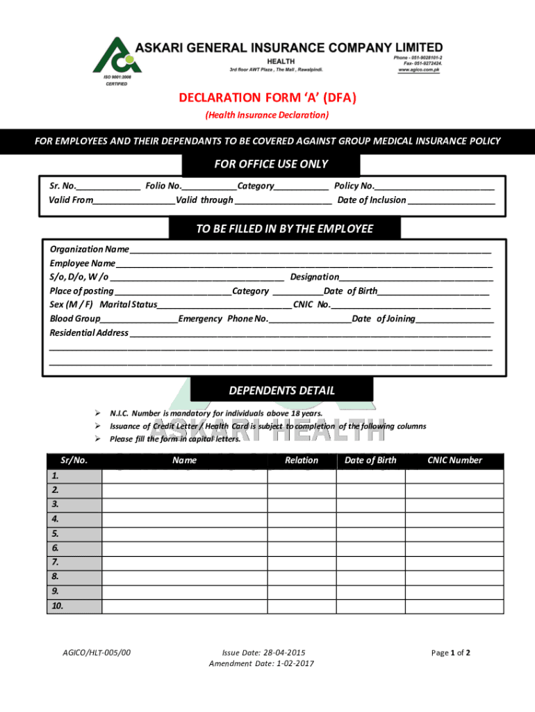 Fillable Online DECLARATION FORM 'A' (DFA) Fax Email Print - pdfFiller