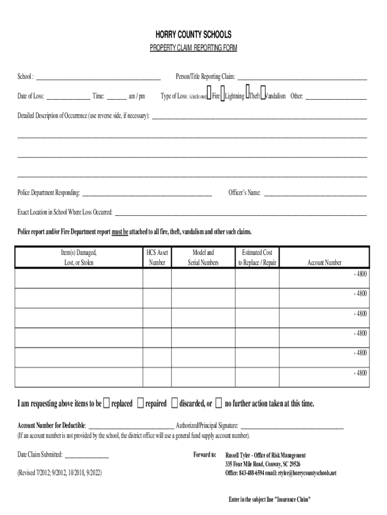 Fillable Online property claim reporting form - Horry County Schools ...