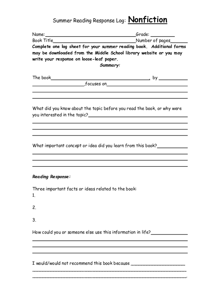 Fillable Online Download: Summer reading logs and planners - Understood ...
