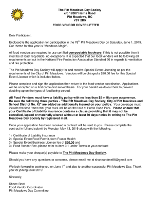 Fillable Online FOOD VENDOR COVER LETTER Dear Participant, Enclosed ...