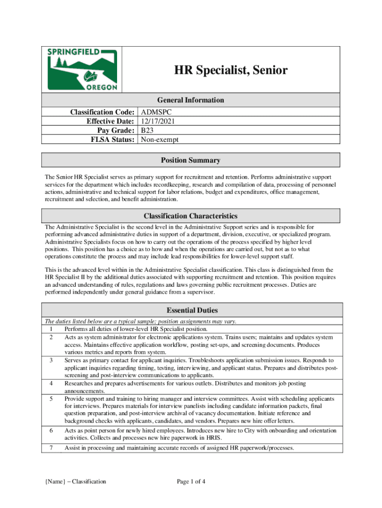 Fillable Online Human Resources Specialist (Classification) Career Path ...