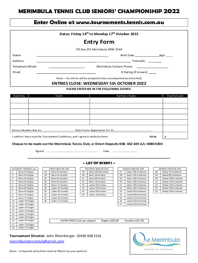 Fillable Online Entry Form - Tennis Seniors Victoria Fax Email Print - pdfFiller