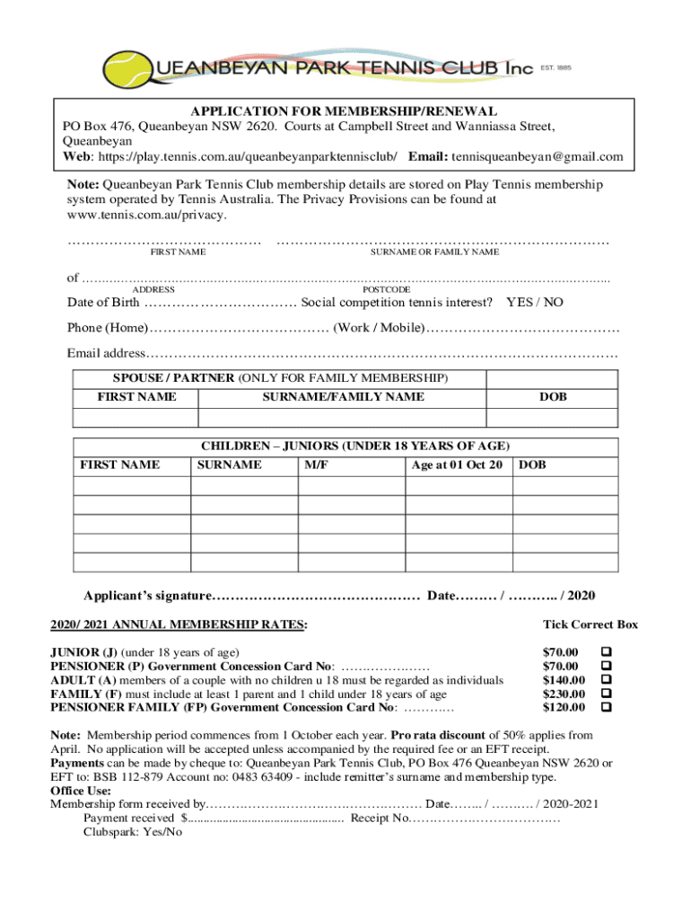 Fillable Online Queanbeyan Park Tennis Club Fax Email Print - pdfFiller