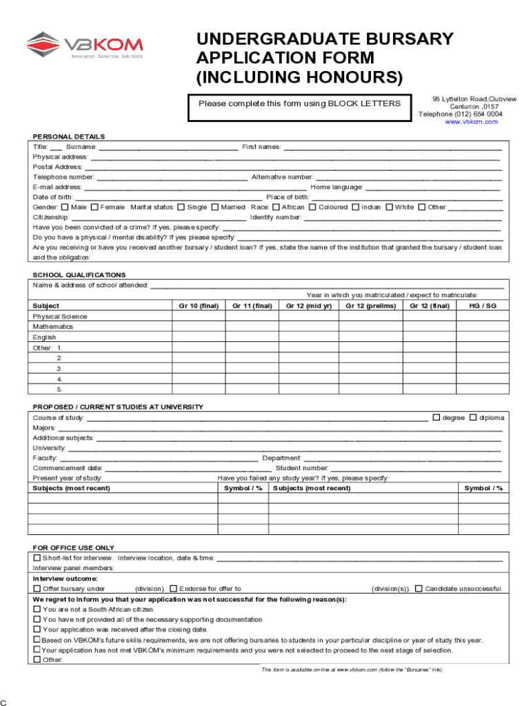 Fillable Online VBKOM External Bursary Application Form Fax Email Print - pdfFiller