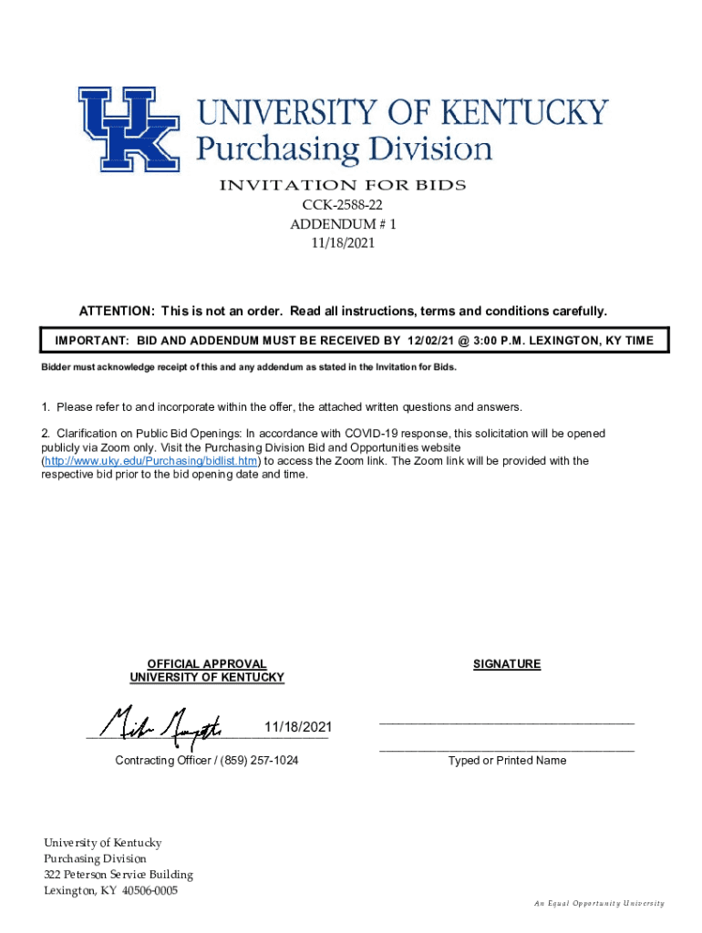 Fillable Online INVITATION FOR BIDS CCK-2588-22 ADDENDUM # 1 11/18 ...