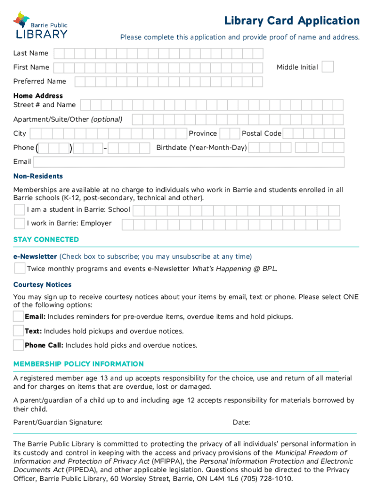 Fillable Online Library Card Application Formulario para la tarjeta de ...