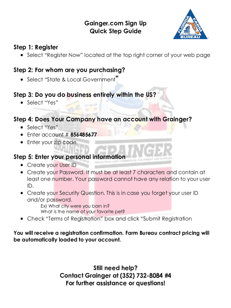 Fillable Online Gainger.com Sign Up Quick Step Guide Step 1: Register ...