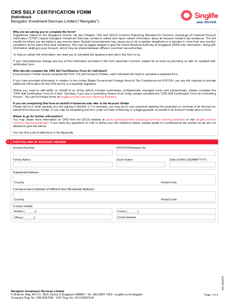 Fillable Online CRS - Self Certification Form for Individual - Navigator Fax Email Print - pdfFiller