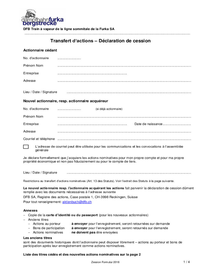 Remplissable En Ligne Transfert d'actions Dclaration de cession Fax Email Imprimer - pdfFiller