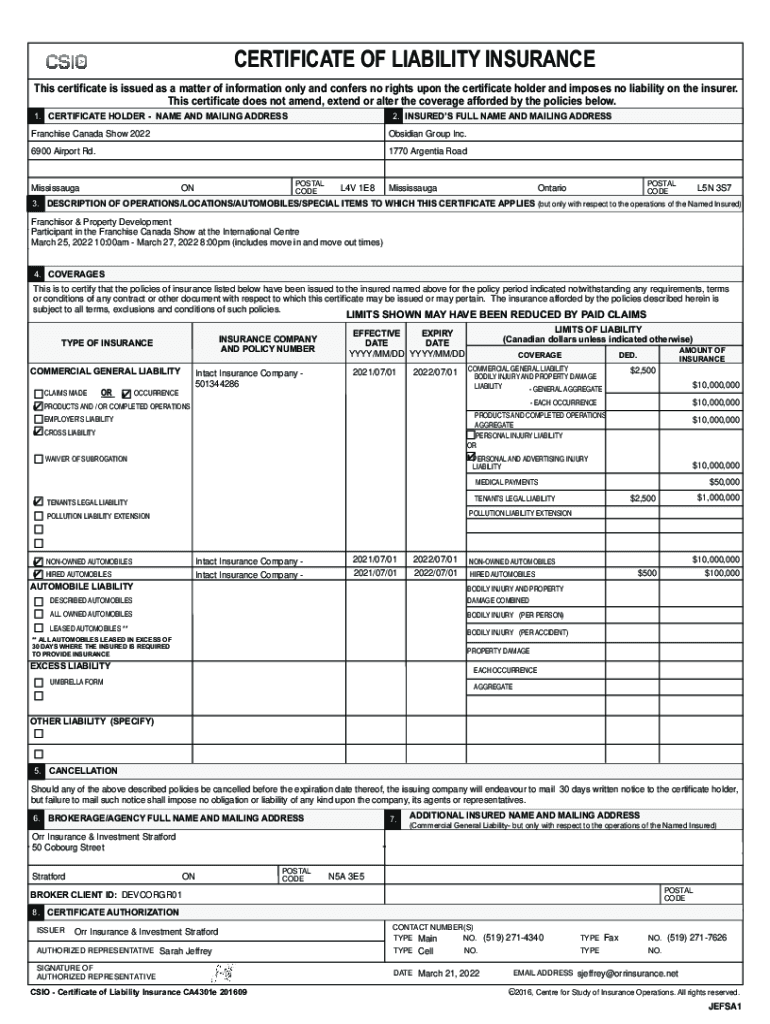 Fillable Online CERTIFICATE OF LIABILITY INSURANCE - ONE for Freight ...