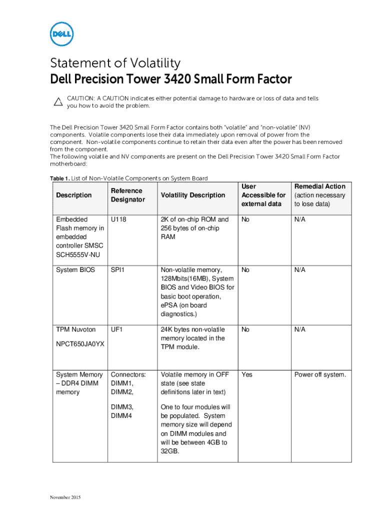 Fillable Online Statement of Volatility Dell Precision Tower 3420 Small ...