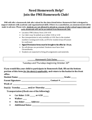Completable En línea Homework Club Parent Flyer Fax Email Imprimir ...