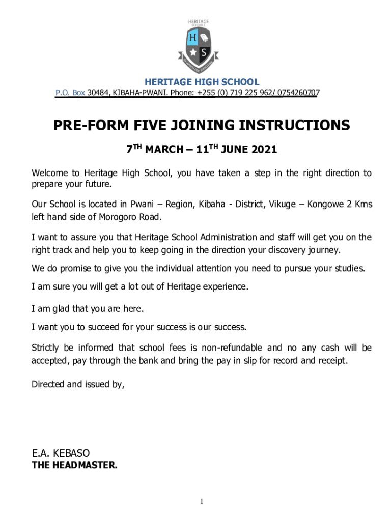 Fillable Online pre-form five joining instructions - Heritage Secondary ...