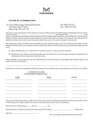 Fillable Online LETTER OF AUTHORIZATION To - City of Mississauga Fax ...