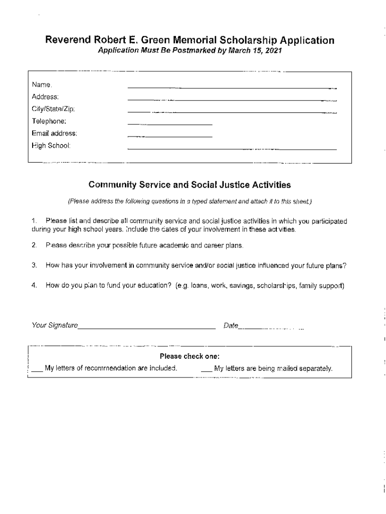 Fillable Online Reverend Robert E. Green Memorial Scholarship ...