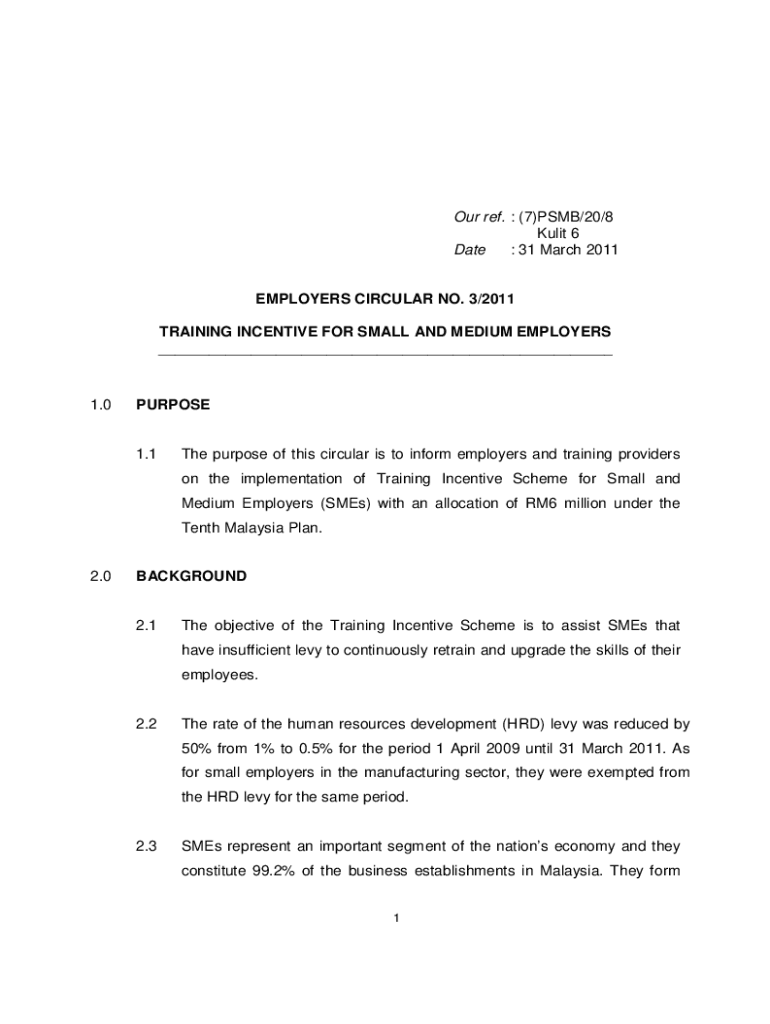 Fillable Online employers circular no. 3/2011 training incentive for ...