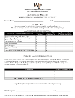 Fillable Online Dependent Student Monthly Expense and Resource ... Fax ...