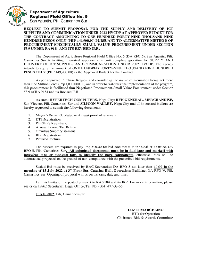 Fillable Online bicol da gov request to submit proposal for the supply and delivery of ict Fax ...