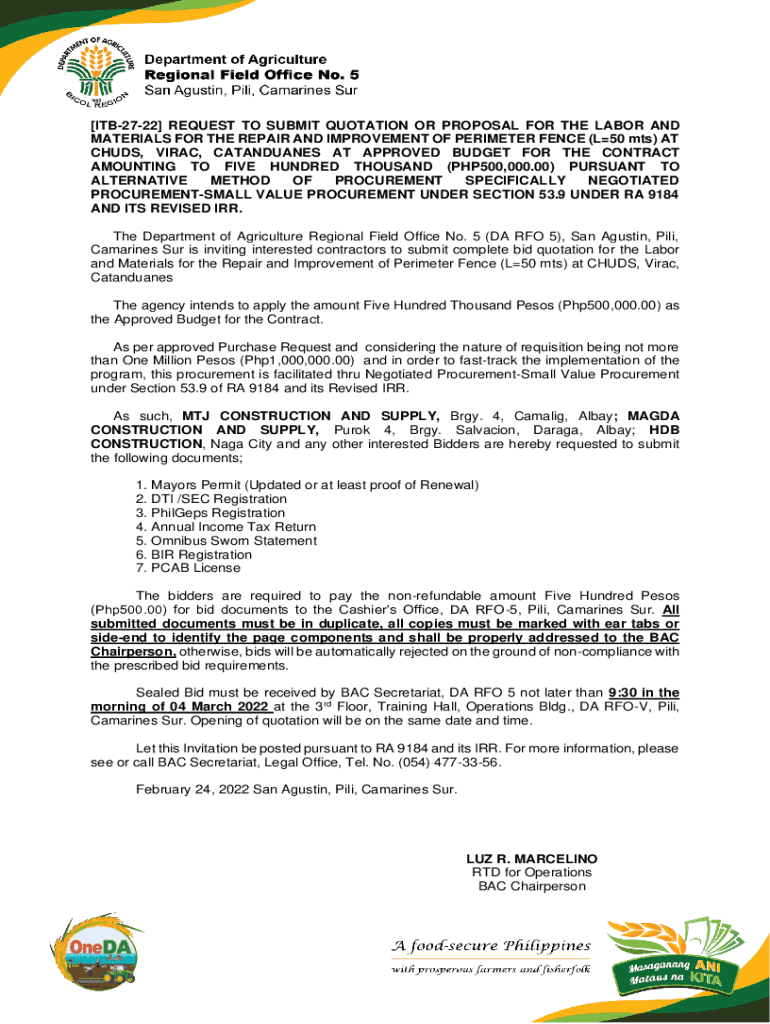 Fillable Online bicol da gov ITB-27-22 REQUEST TO SUBMIT QUOTATION OR ... Fax Email Print ...