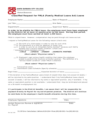 Classified/Management Request for FMLA (Family Medical ... Doc Template | pdfFiller
