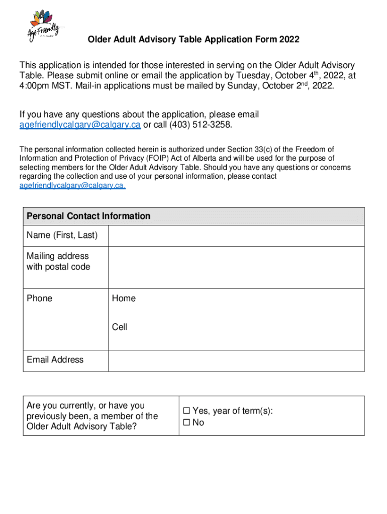 Fillable Online Older Adult Advisory Table Application Form 2022 - The City of ... Fax Email ...