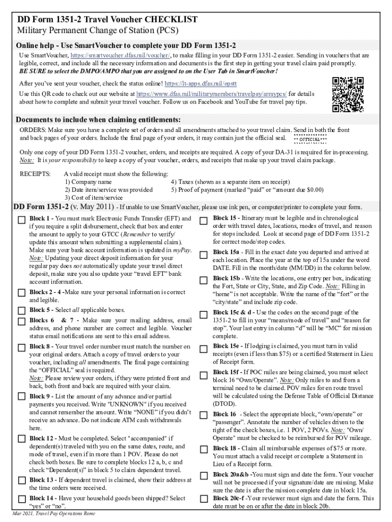 Fillable Online DD Form 1351-2 Travel Voucher CHECKLIST Military ...