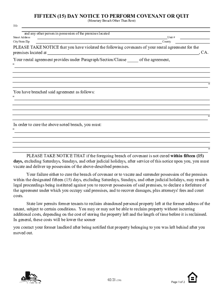 Fillable Online FIFTEEN (15) DAY NOTICE TO PERFORM COVENANT OR QUIT Fax Email Print - pdfFiller