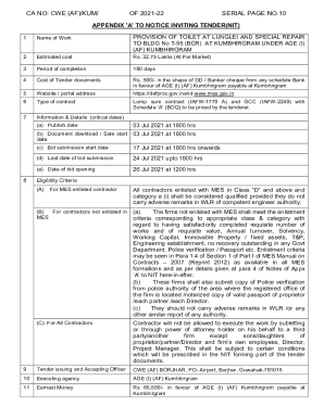 Fillable Online APPENDIX 'A' TO NOTICE OF TENDER (NIT) 1. Name of work ...