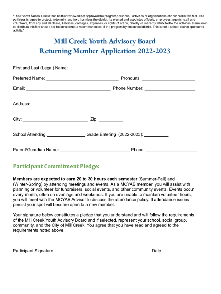Fillable Online Returning Member Mill Creek Youth Advisory Board Application 2022-2023 Fax Email ...