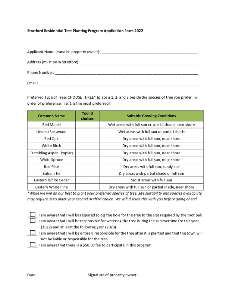 Fillable Online Stratford Residential Tree Planting Program Application ...