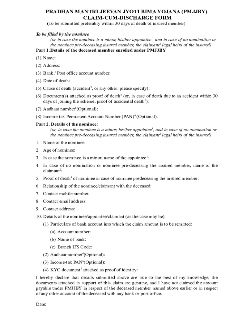 Fillable Online Pradhan Mantri Jivan Jyoti Bima Yojana (PMJJBY) Claim ...