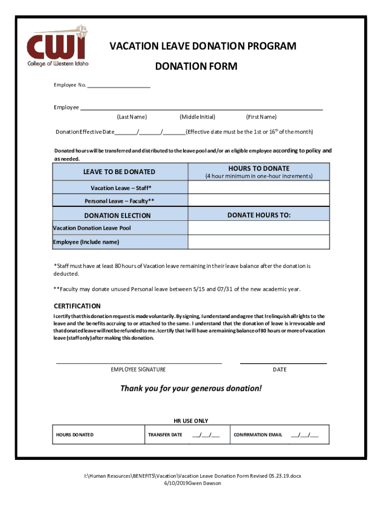 Fillable Online VACATION LEAVE DONATION PROGRAM DONATION FORM Fax Email ...