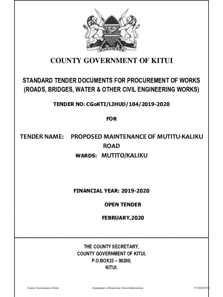 Fillable Online Tender Documents For Procurement Of Works (Roads, Water ... Fax Email Print ...