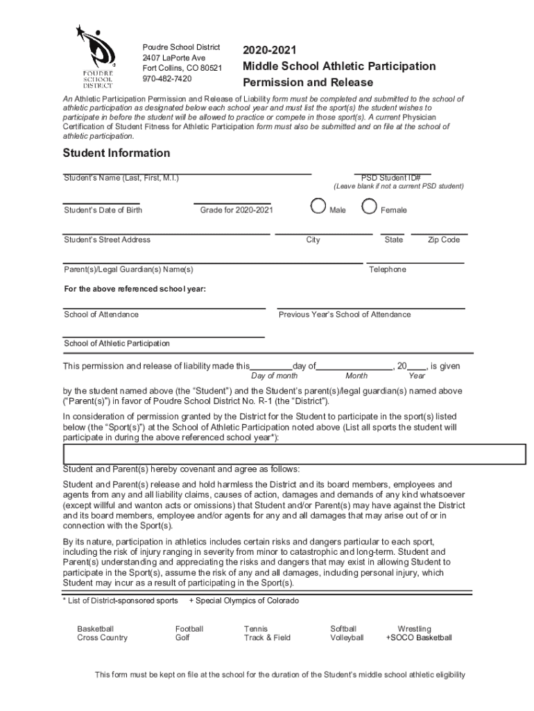 Fillable Online Junior High Authorization for Athletic Participation ...