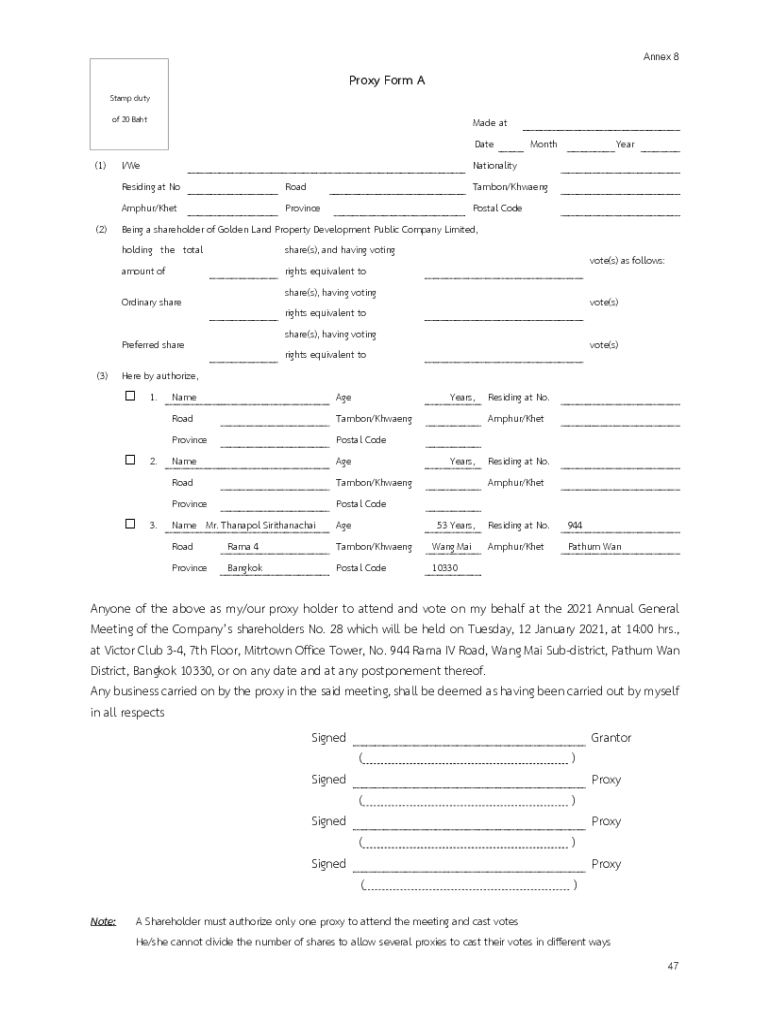 Fillable Online Please affix Stamp duty of Baht 20 Proxy Form (Form A ...