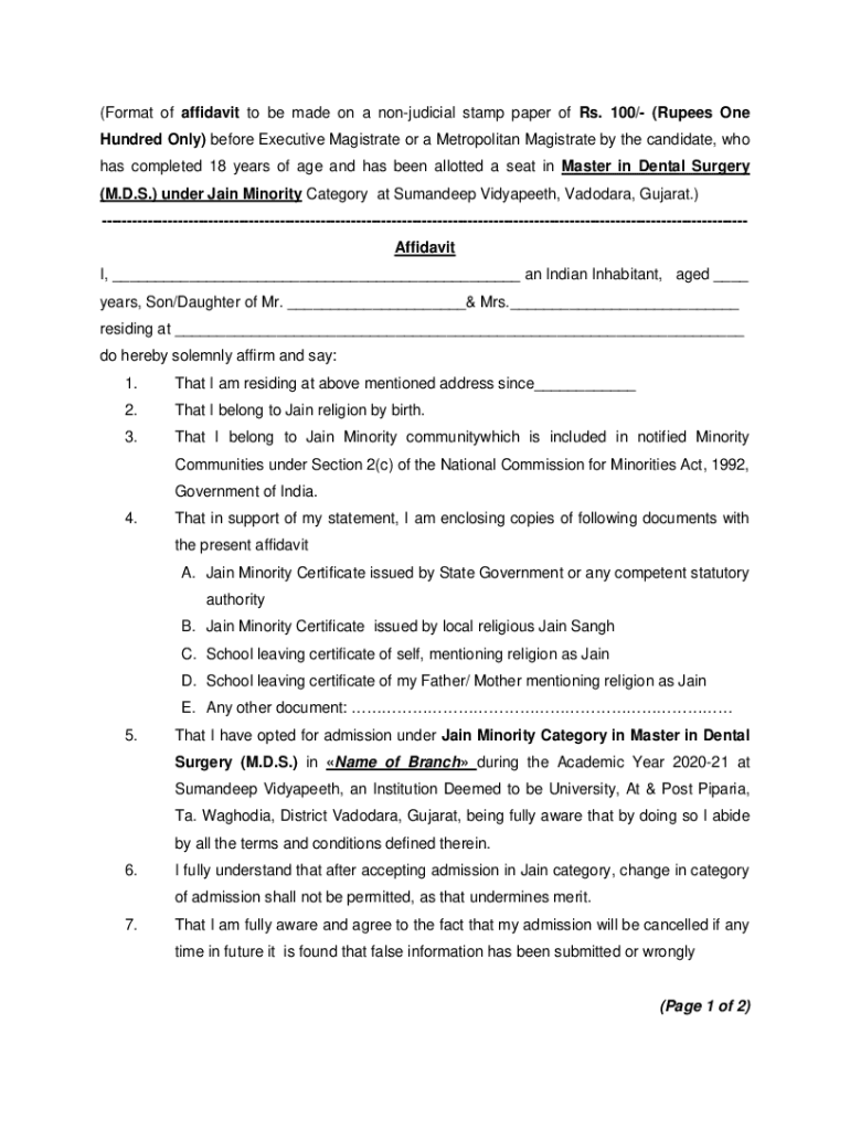 Fillable Online Form of affidavit to be made on a non-judicial stamp ...