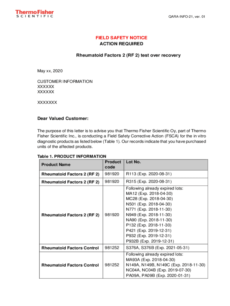 Fillable Online ACTION REQUIRED Rheumatoid Factors 2 (RF 2) test ...