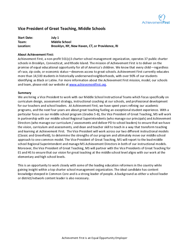 Fillable Online Vice President of Great Teaching, Middle Schools Fax ...