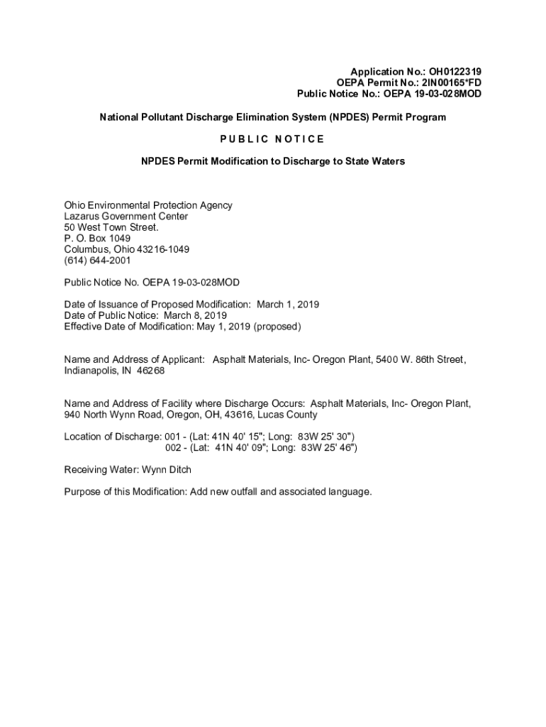 Fillable Online wwwapp epa ohio OH0122319 OEPA Permit No.: 2IN00165*FD ...